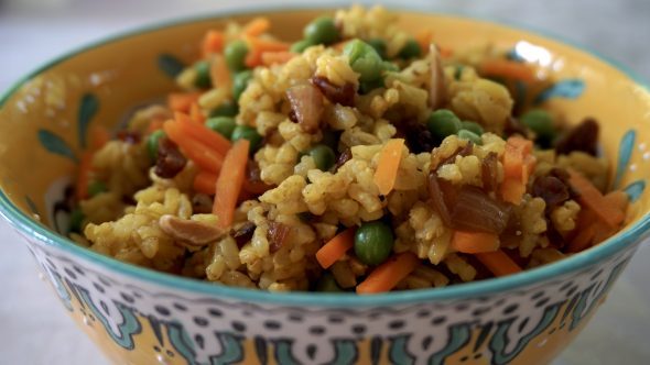 Curried Rice with Almonds, Peas, and Carrots | Ann Arbor Vegan Kitchen